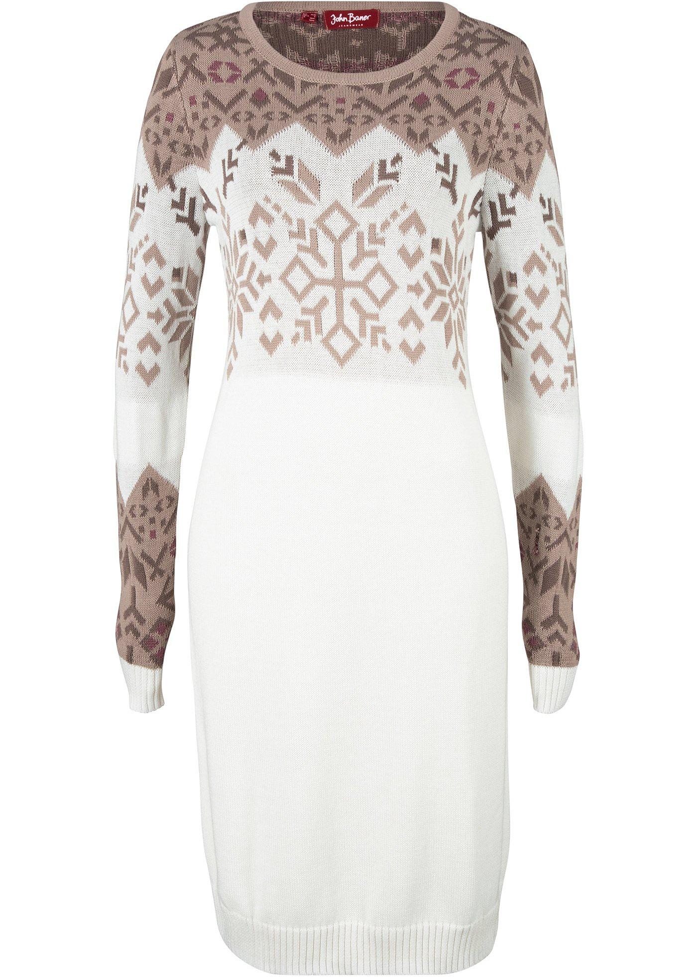 Stickad klänning med norgemönster - ullvit, mönstrad