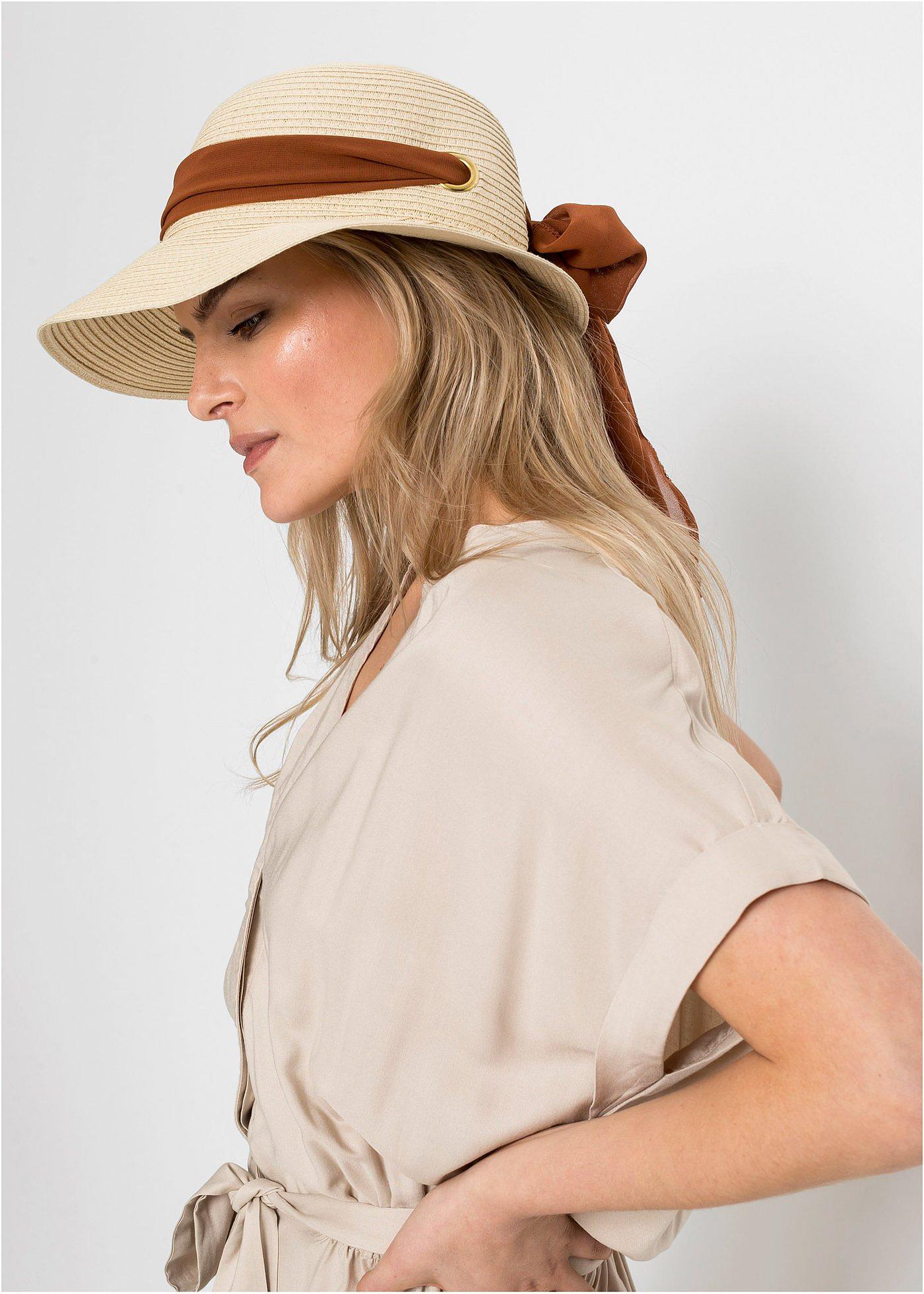 Elegant solhatt med rosett - natur/brun